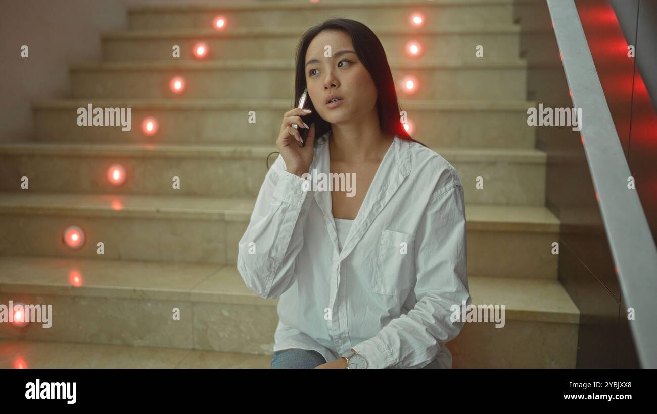 Young attractive asian woman talking on her phone sitting on indoor ...