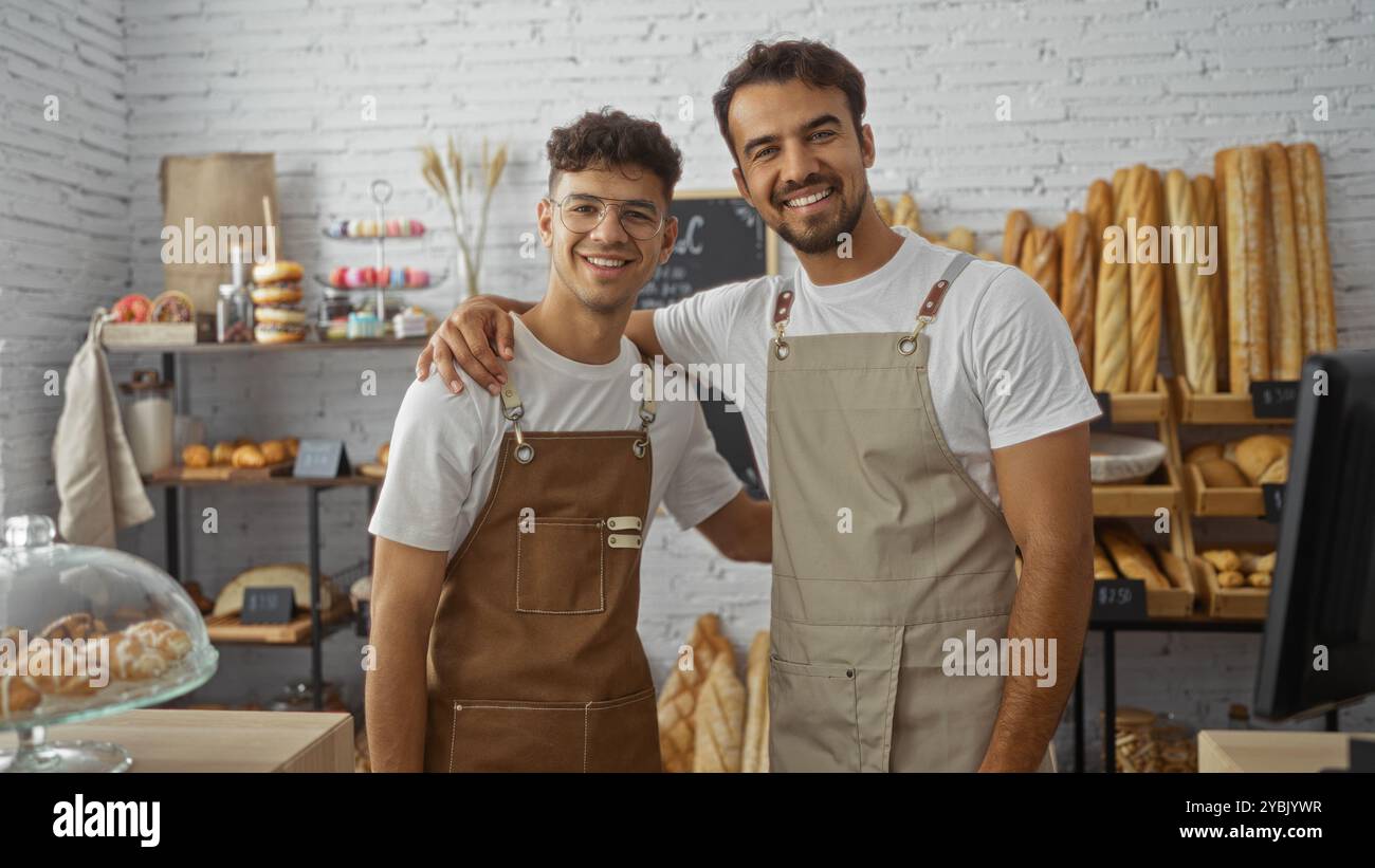 Two smiling hispanic male bakery employees wearing aprons are embracing ...