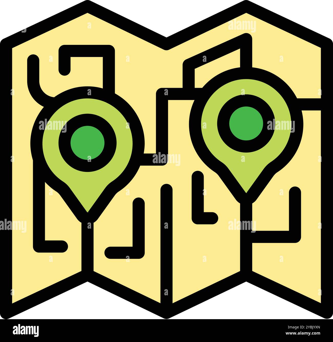 Cartoon style paper map showing a route between two points marked with ...