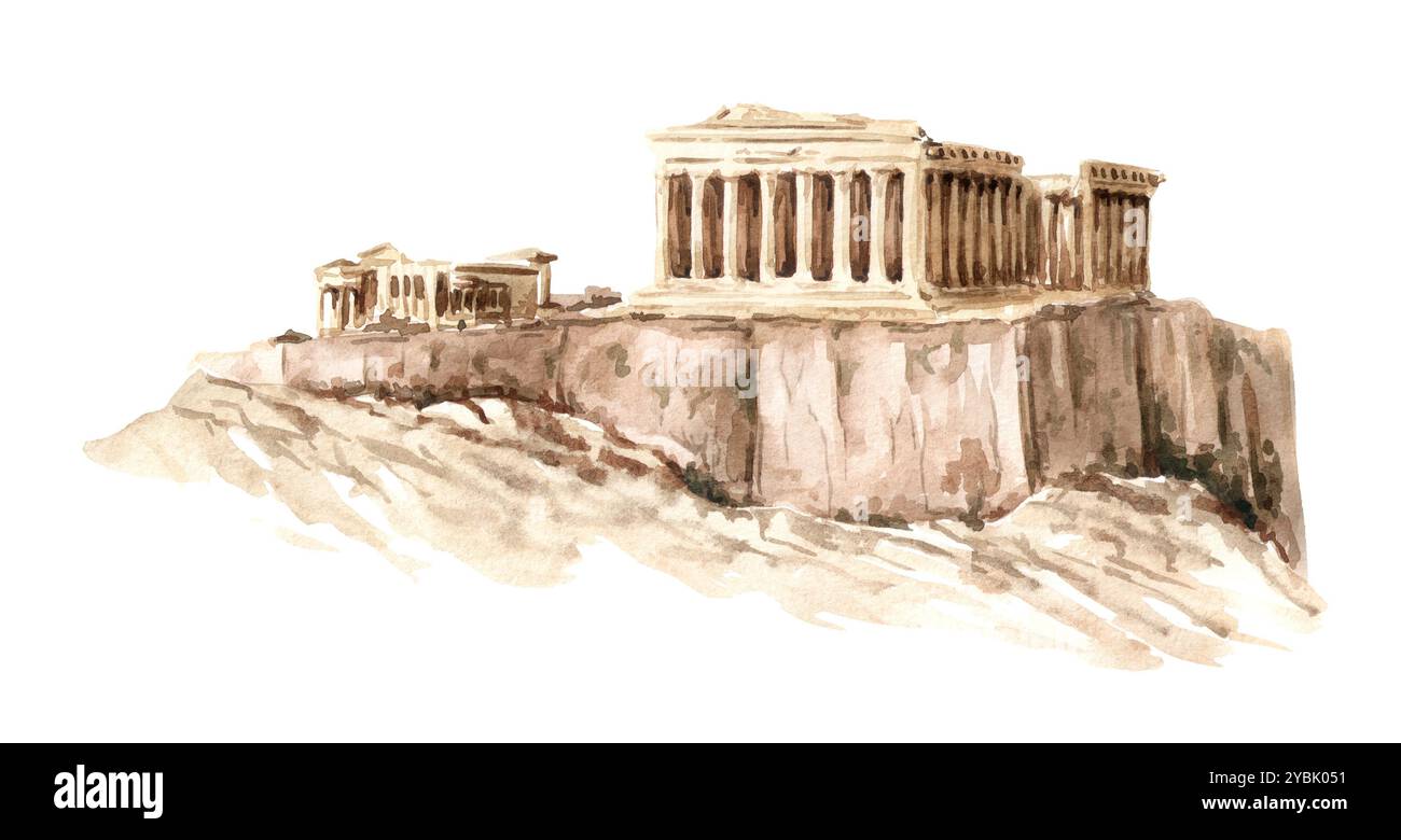 View of the Acropolis and Parthenon temple , Athens, Greece. Hand drawn ...