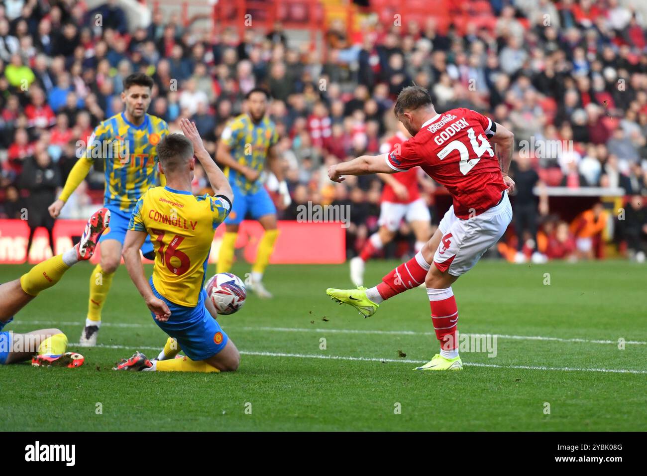London, England. 19th Oct 2024. Matt Godden has a shot blocked by ...