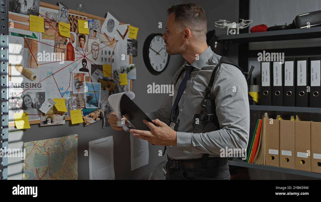 Hispanic detective analyzing evidence in a well-organized police ...