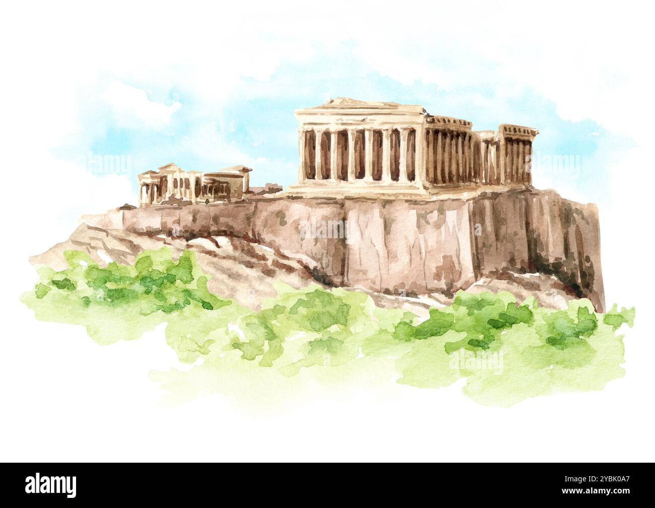 View of the Acropolis and Parthenon temple. Athens, Greece. Hand drawn watercolor illustration ...