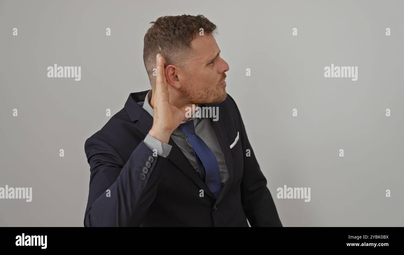 Handsome man in suit listening intently against white background Stock ...