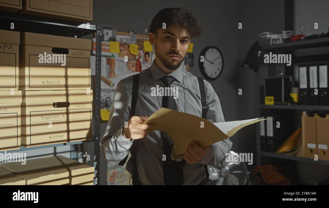 Handsome arab man with a beard reviews a file in a dimly lit detective ...