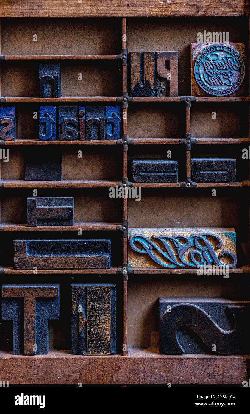 Wood block letter press lettering in typesetting box Stock Photo - Alamy