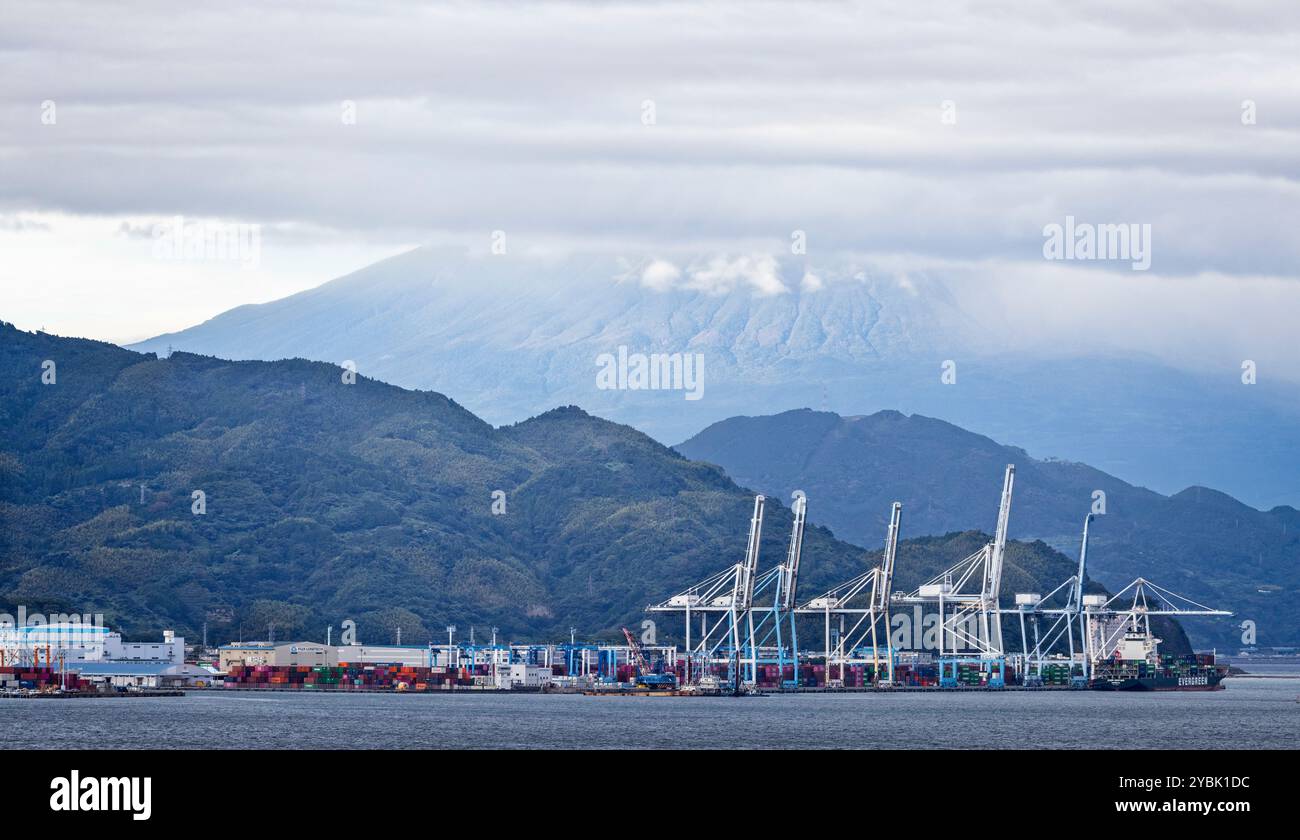 Cloud shrouded view of the base of Mount Fuji and Shimizu port ...