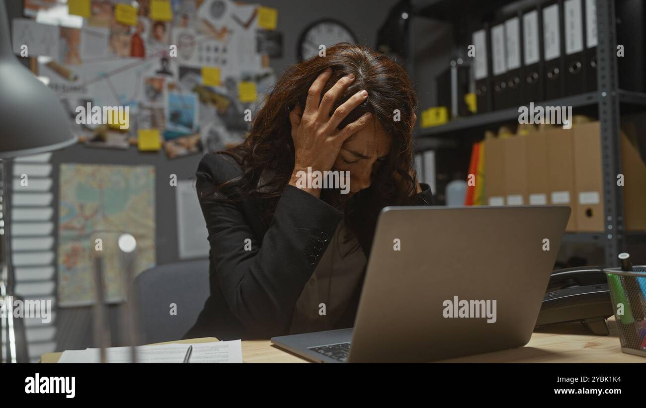 Stressed woman detective working late in office with laptop, evidence ...