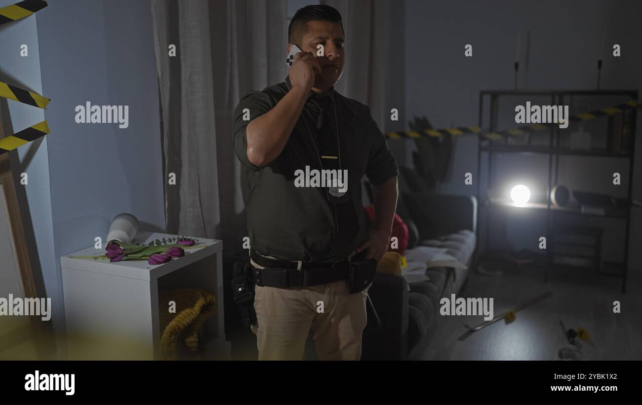 In this vividly depicted stock image, a focused hispanic male detective ...