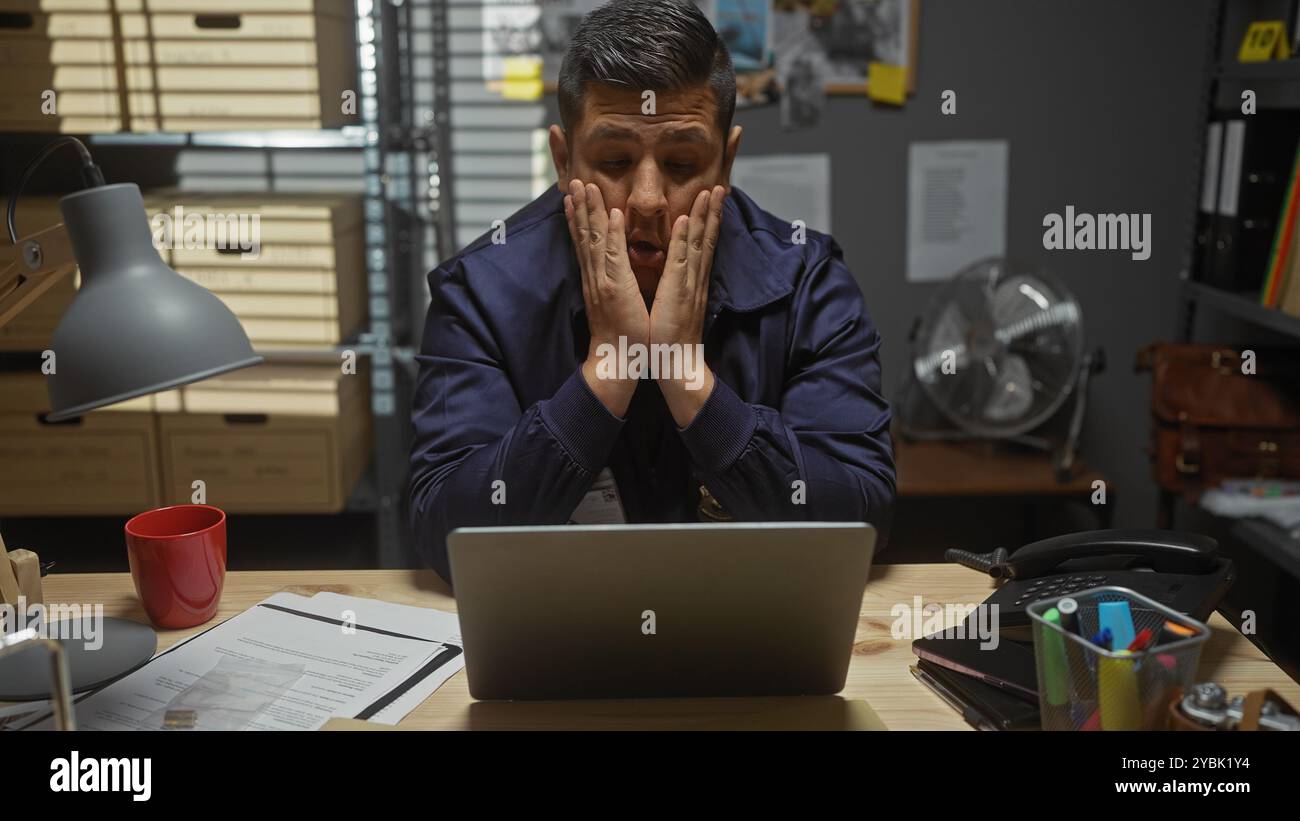 Stressed hispanic man in detective office with laptop, red mug, files ...