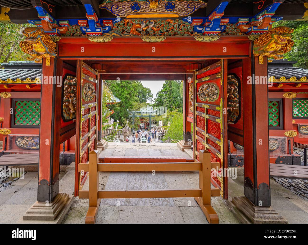 Framed view of the Torii gate and steps from the Kunozan Toshogu Shrine ...