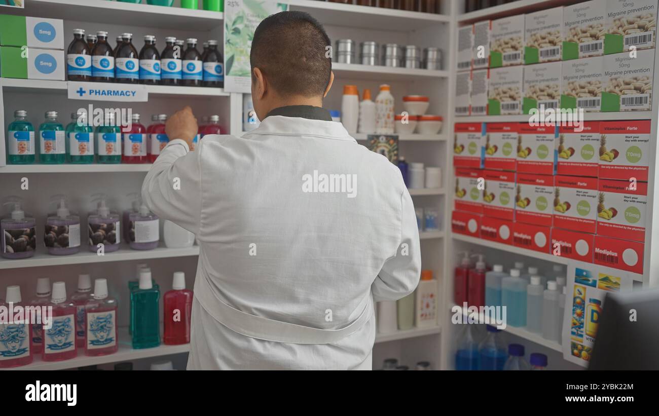 A male pharmacist reaches for medication on a shelf in a well-stocked ...