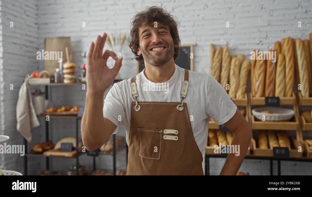 Young man in a bakery indoors making an okay gesture in front of bread ...