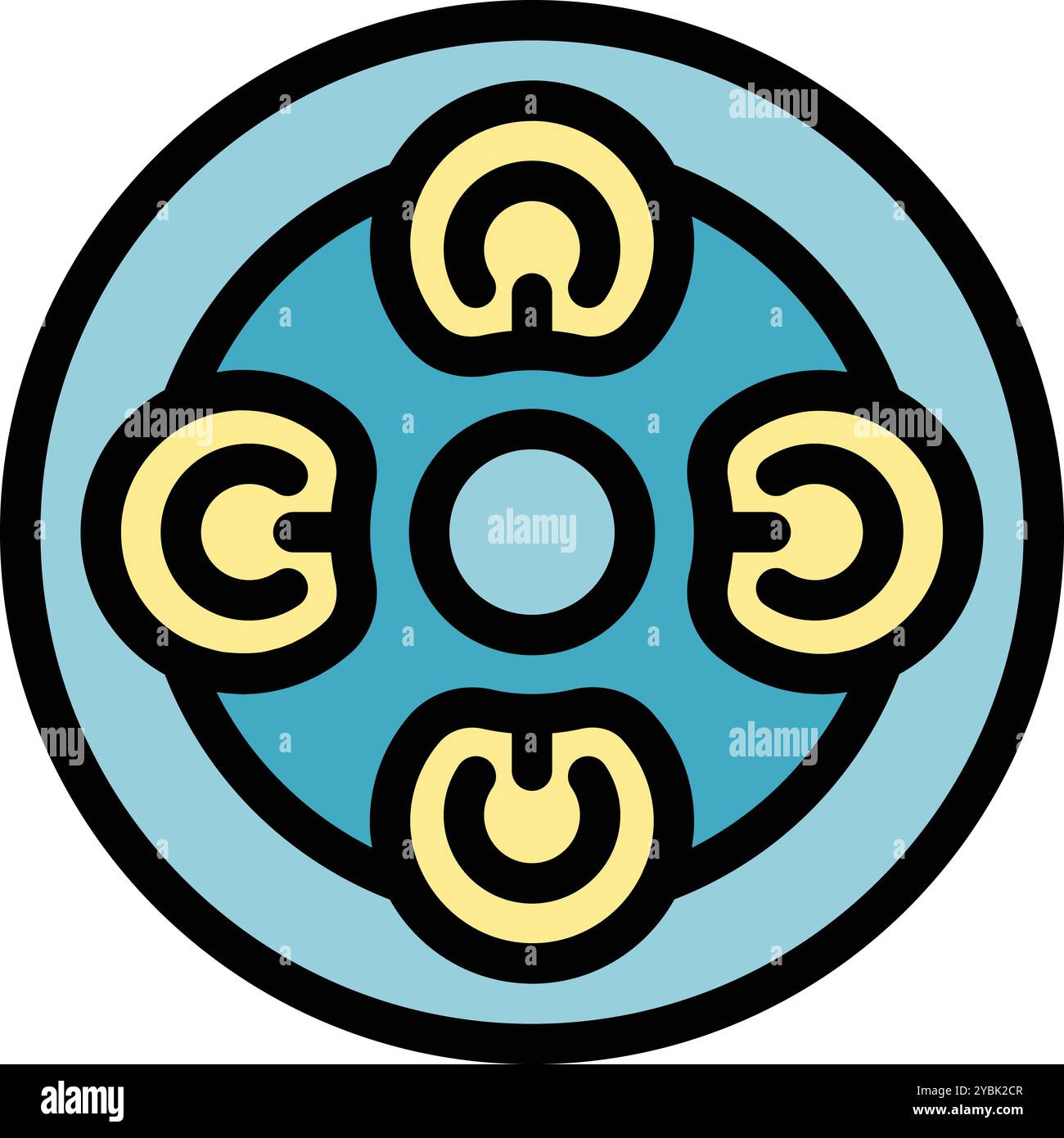 This vector illustration features a blue circular element with four ...
