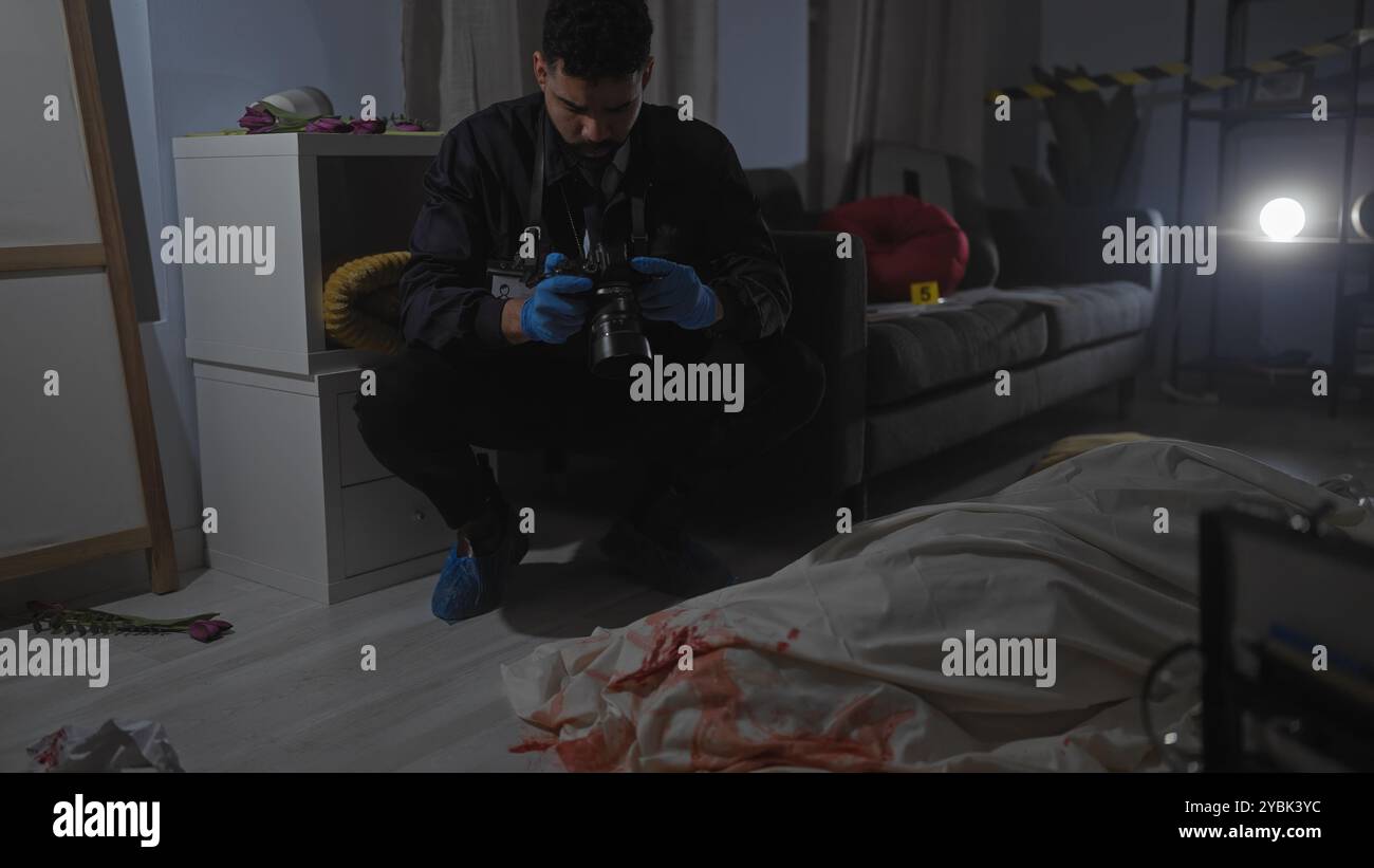 Hispanic male detective investigates a living room crime scene at night ...