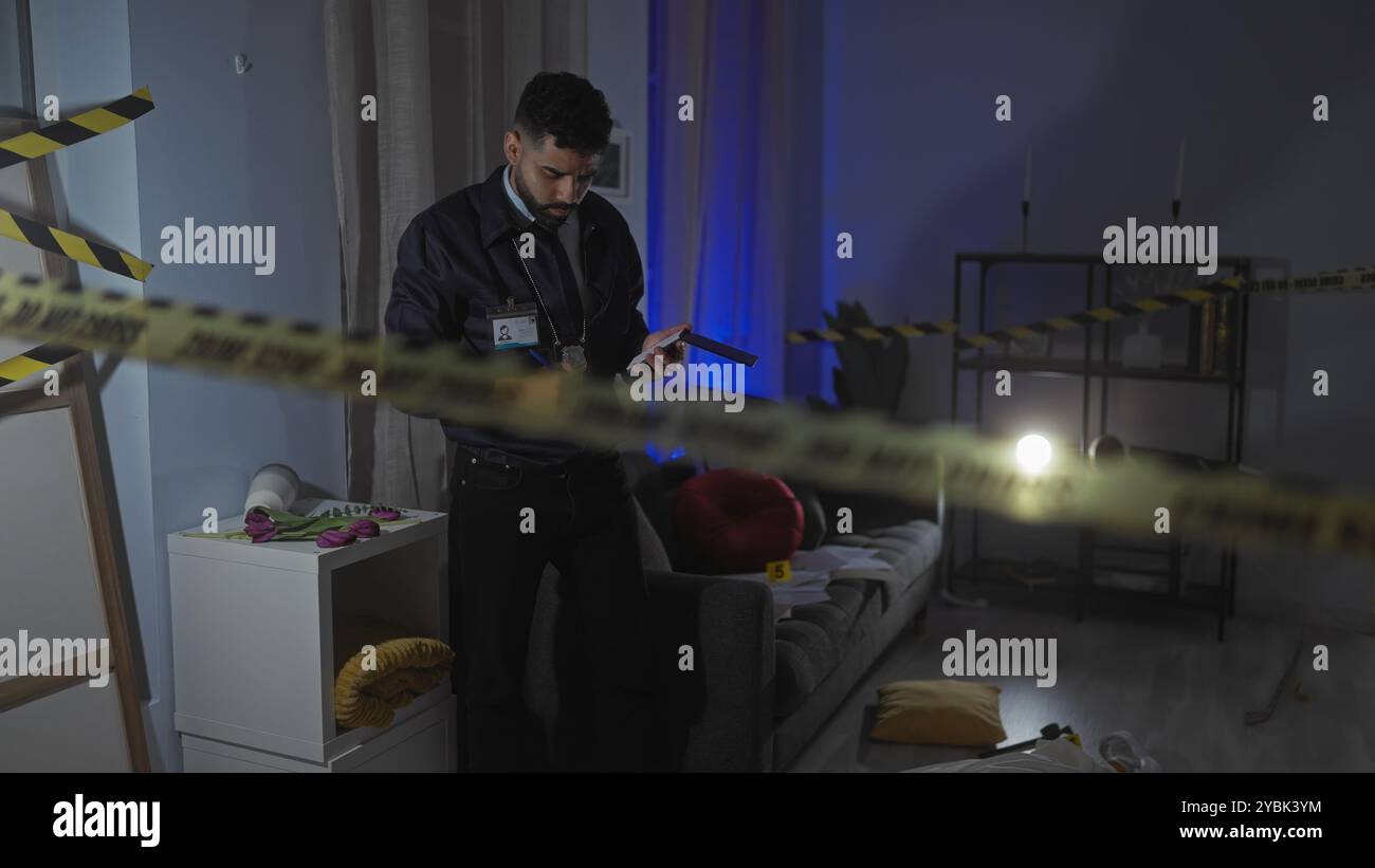 Hispanic man analyzes evidence at indoor crime scene with flashlight ...