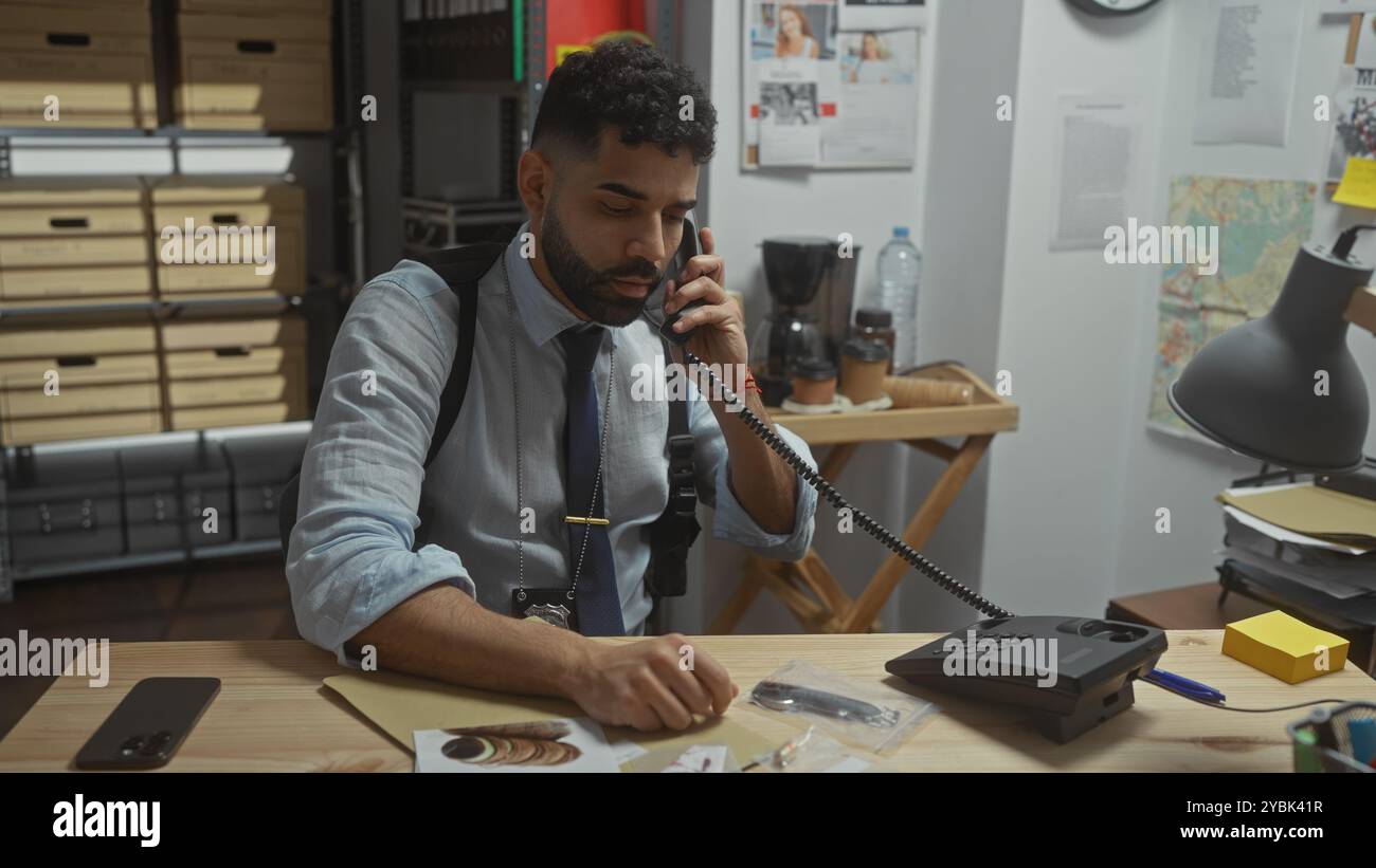 A focused hispanic detective man works indoors at his office desk ...