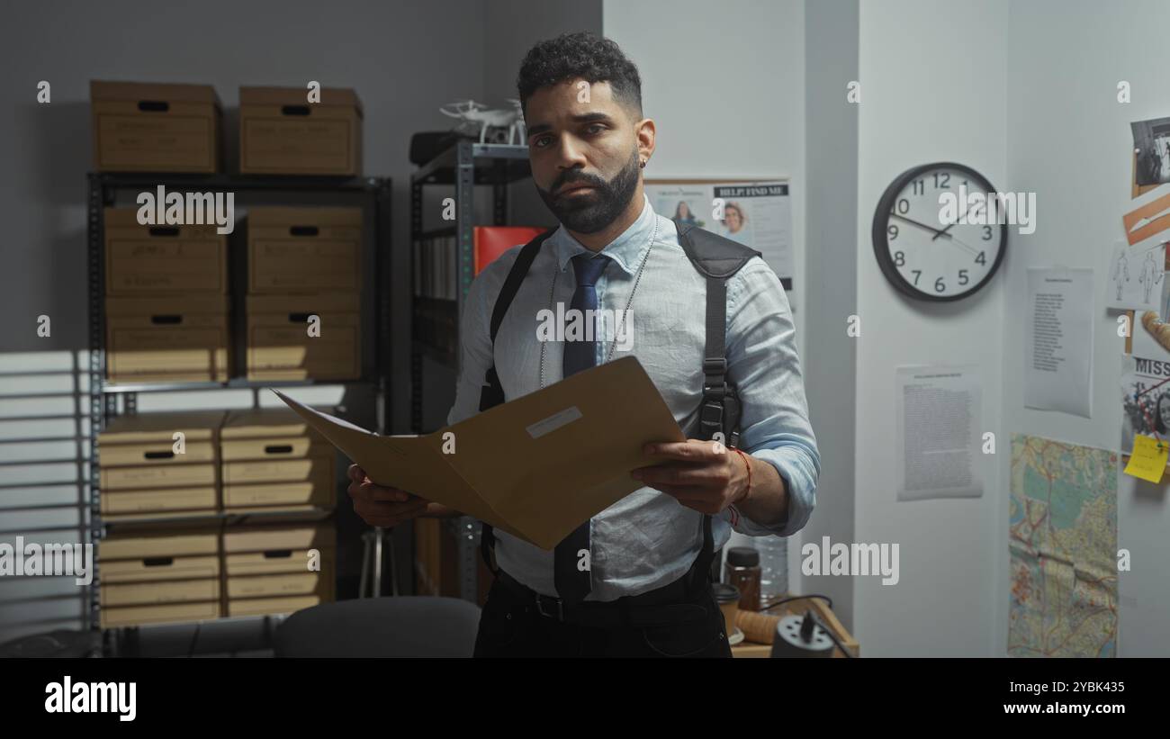 Hispanic detective man holding file in a police station office with ...