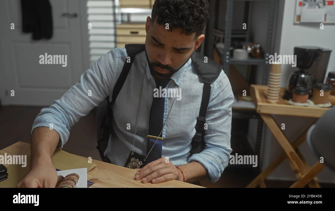 A thoughtful hispanic detective in a police station, examining evidence ...
