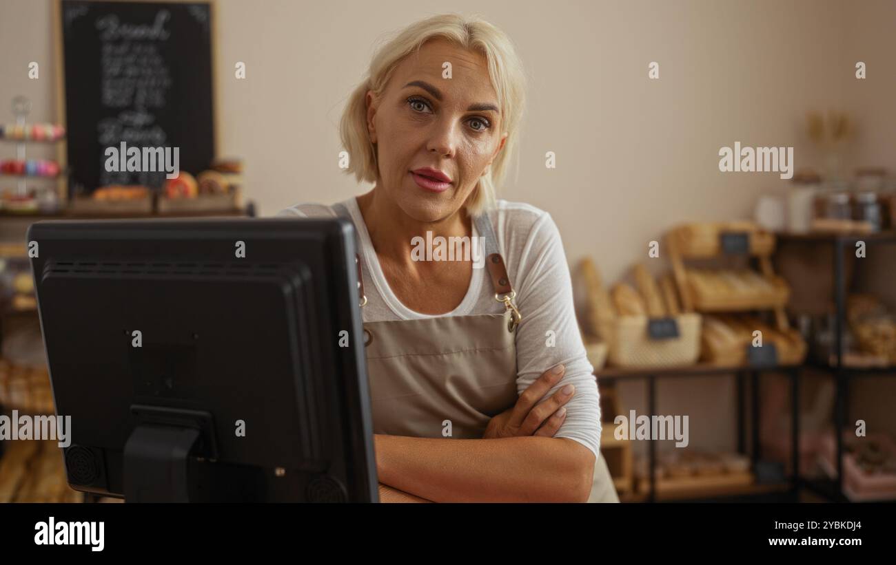 Blonde woman bakery clerk standing behind counter with arms crossed in ...