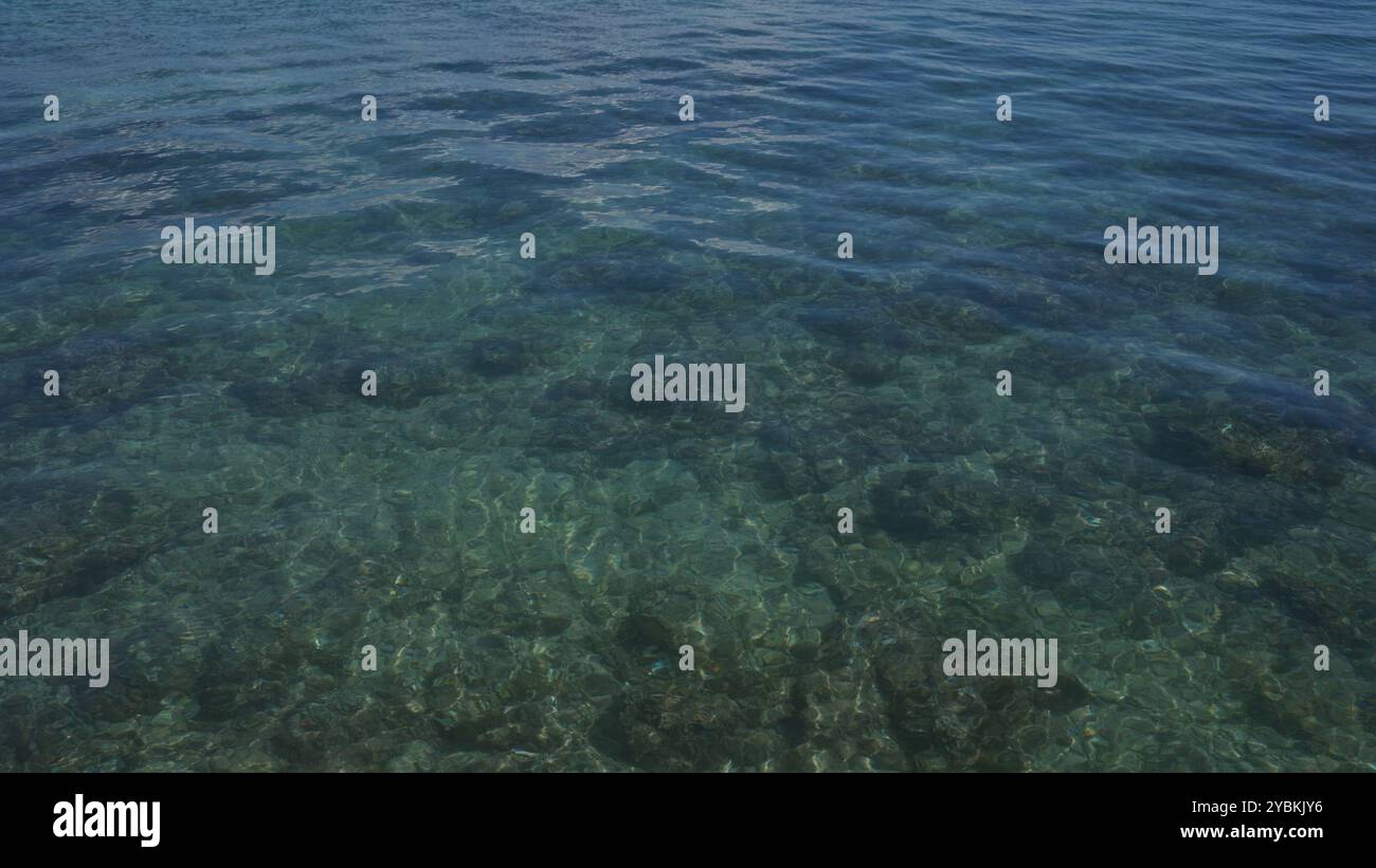Clear blue water with visible rocky seabed in porto cesareo, a ...