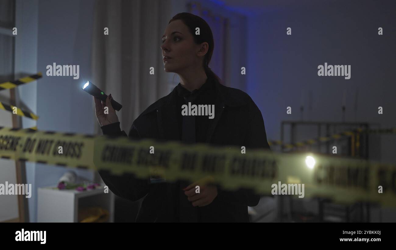 A focused woman investigates a dimly lit indoor crime scene with ...