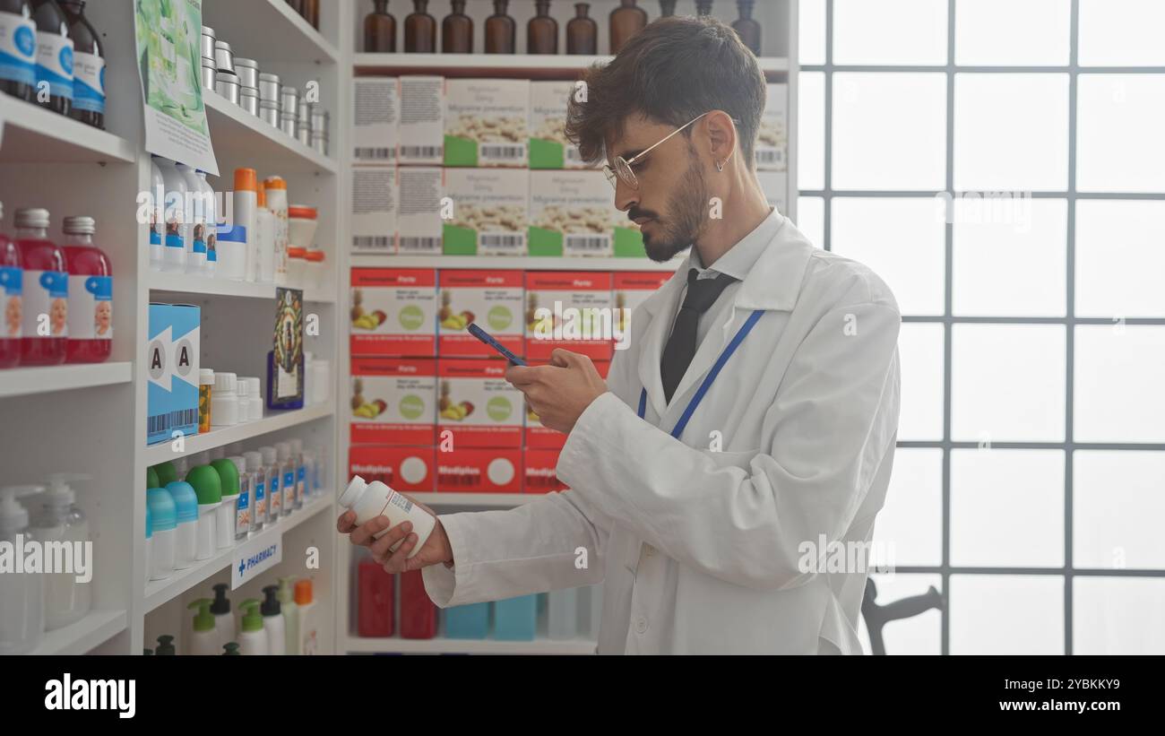 A young hispanic man with a beard photographs medication inside a ...
