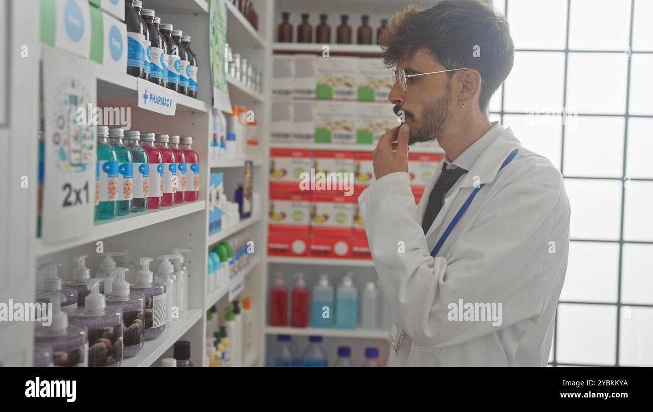 Pensive pharmacist in lab coat contemplating products on shelves inside ...