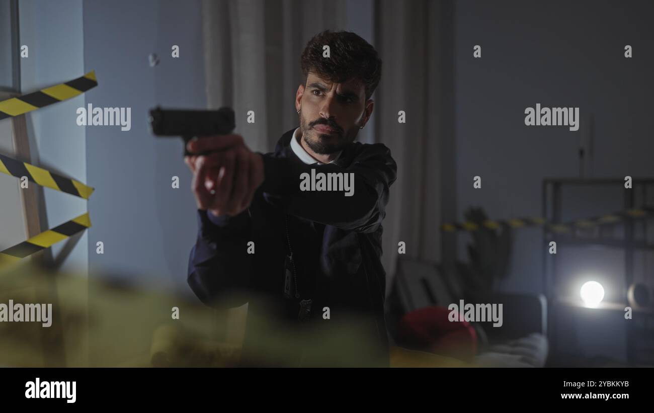 A young man with a beard aiming a gun in a dimly lit indoor crime scene ...