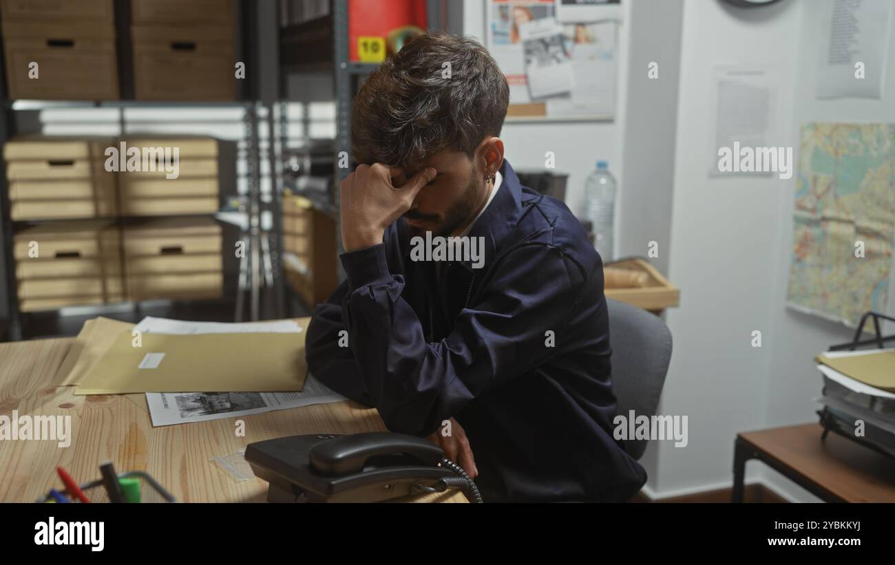 A stressed hispanic man in a detective office surrounded by paperwork ...