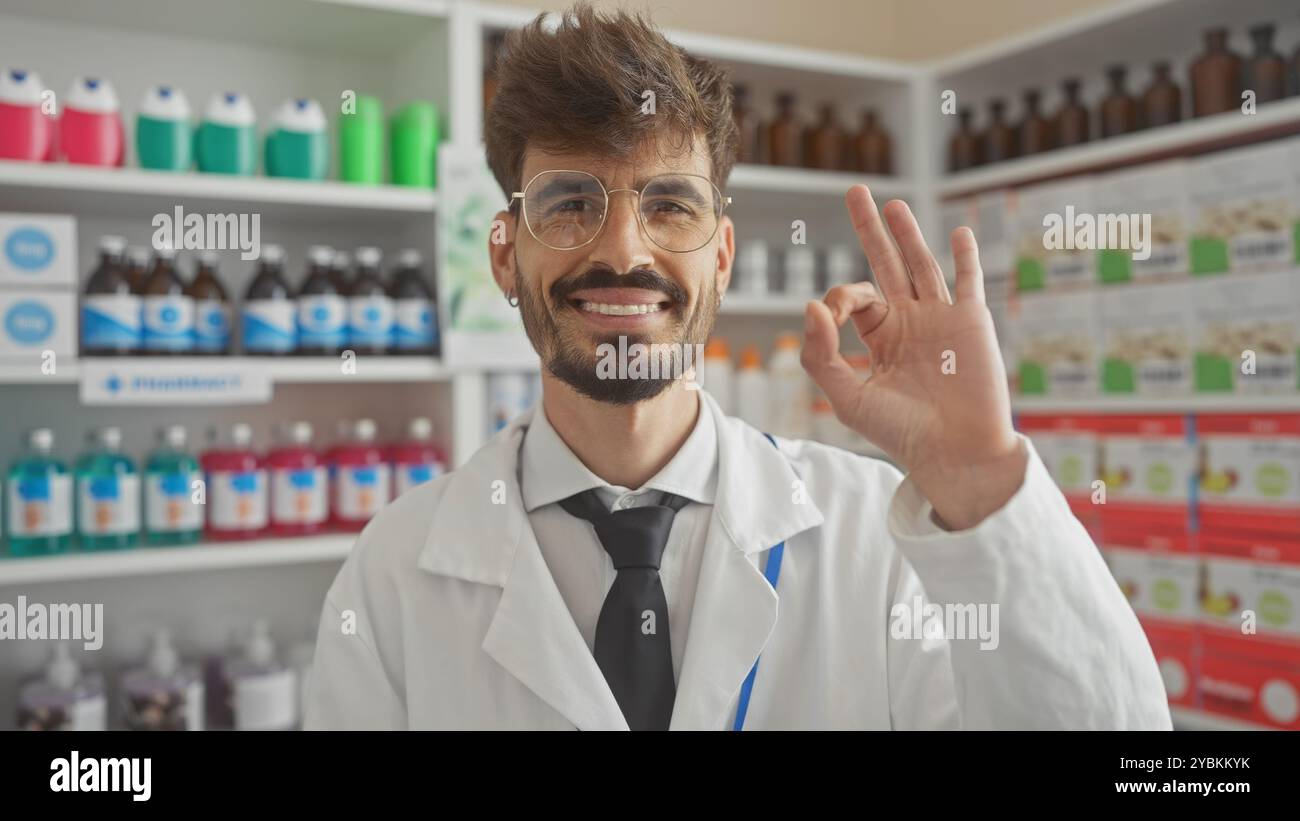 A bearded pharmacist with glasses giving an ok sign in a well-stocked ...