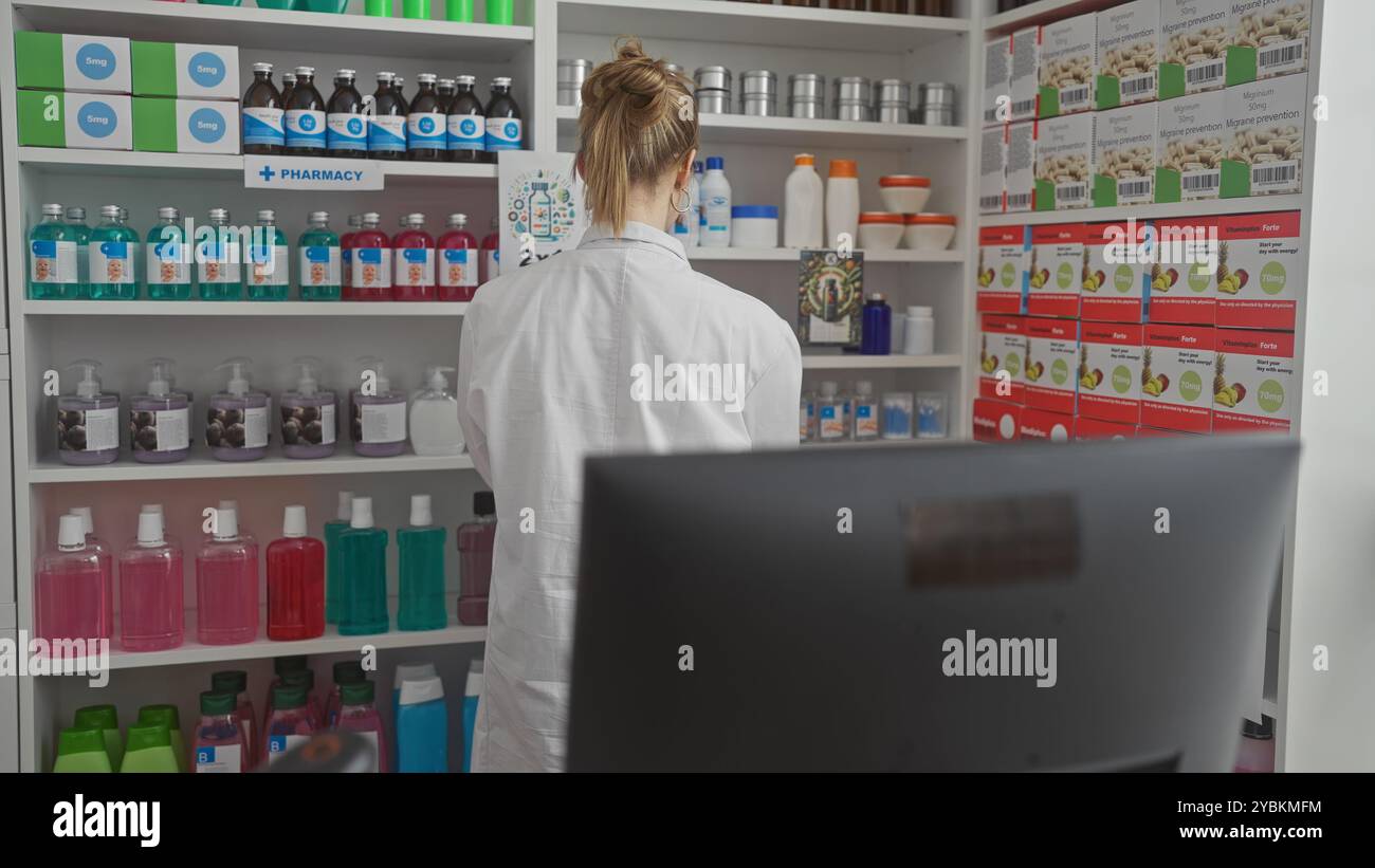 Blonde woman pharmacist standing in front of shelves stocked with ...