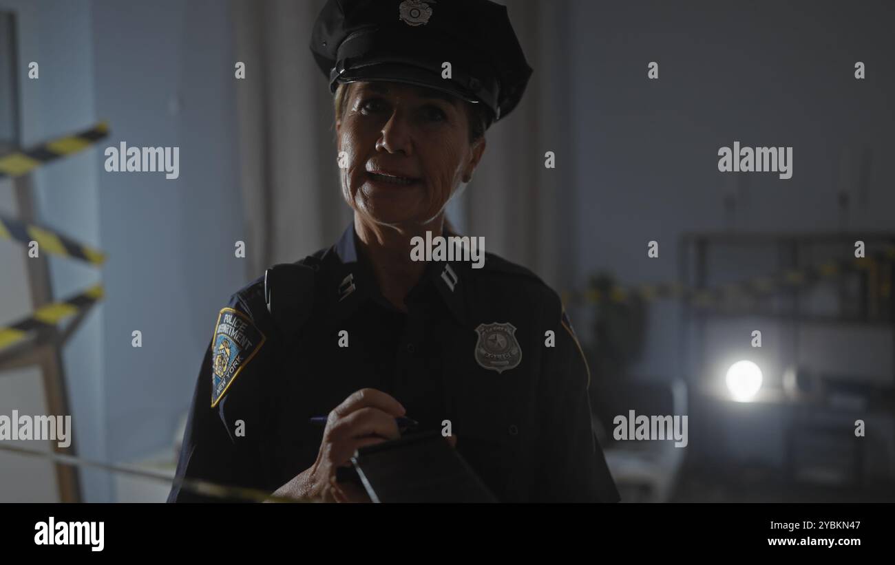 A mature female police officer investigates a dimly lit indoor crime ...