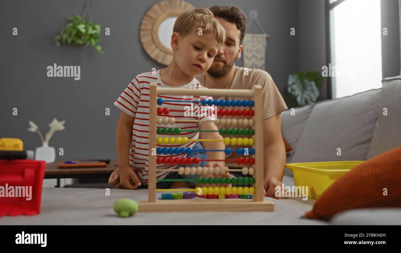 Father and son playing with an abacus indoors in a cozy living room ...
