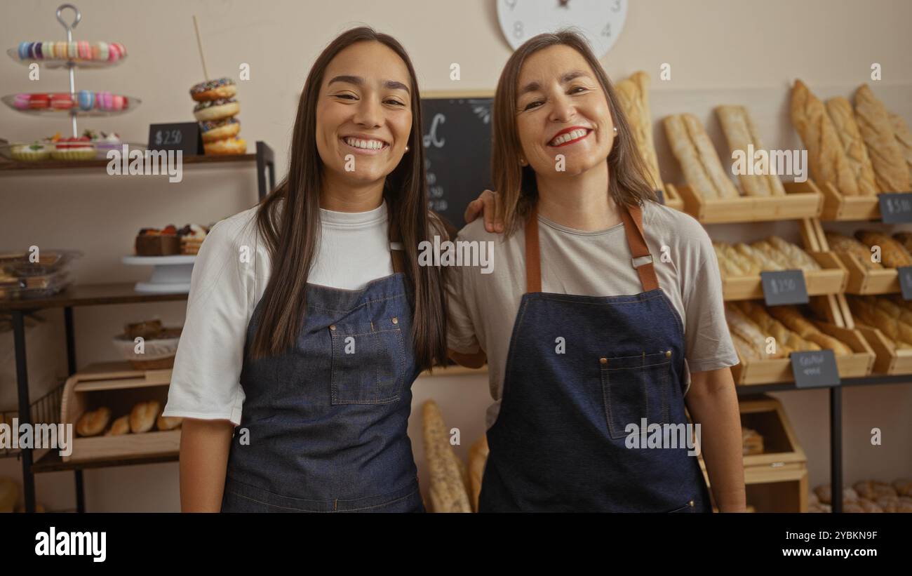 Two women bakers smiling together in a bakery shop interior, showcasing ...