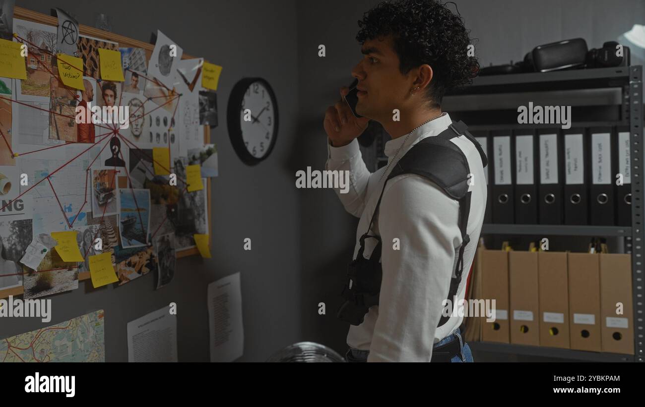 Hispanic man speaking on phone in detective office with evidence board ...