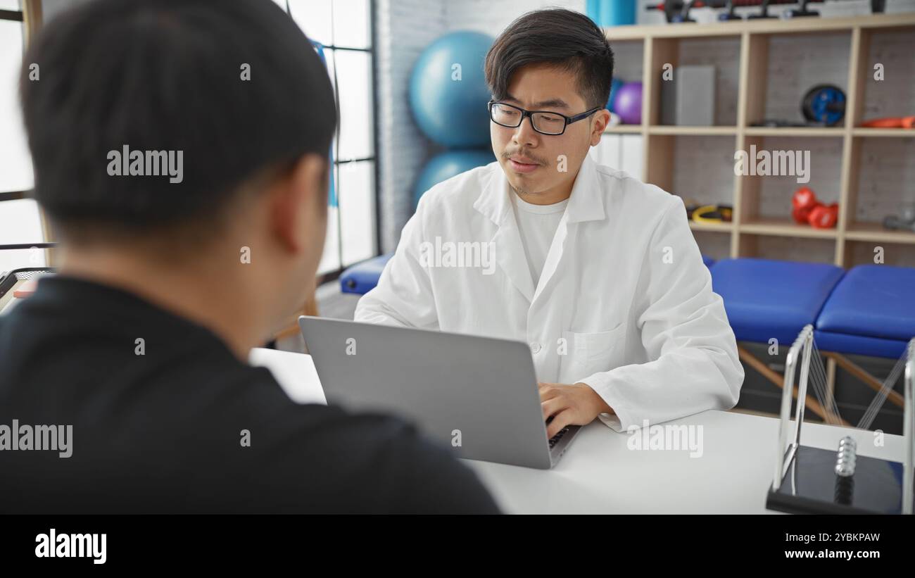 Two men, a doctor and a patient, engage in a discussion inside a modern clinic's consultation ...