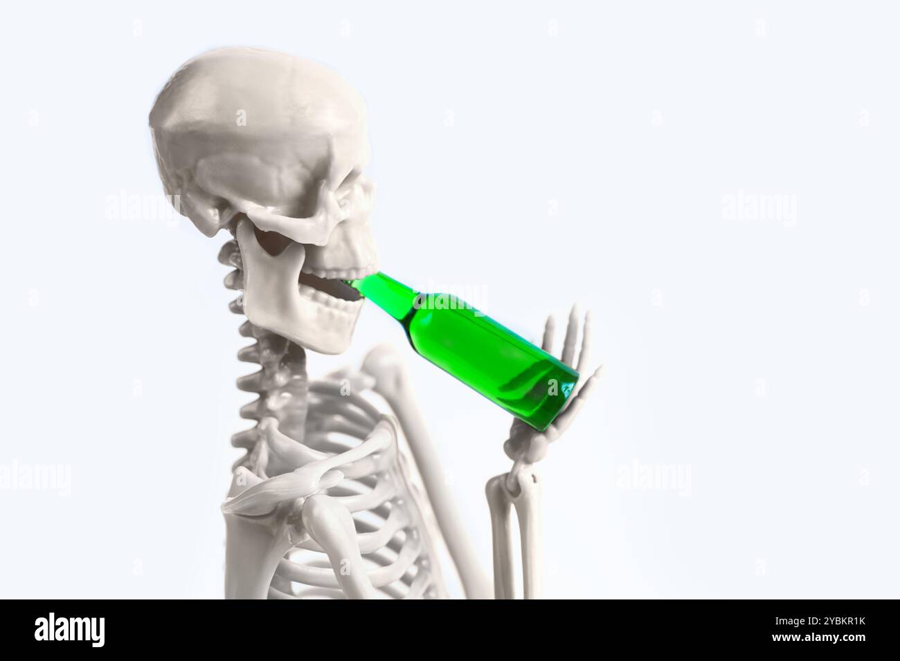 Skeleton holding green bottle isolated on white background. Alcohol ...