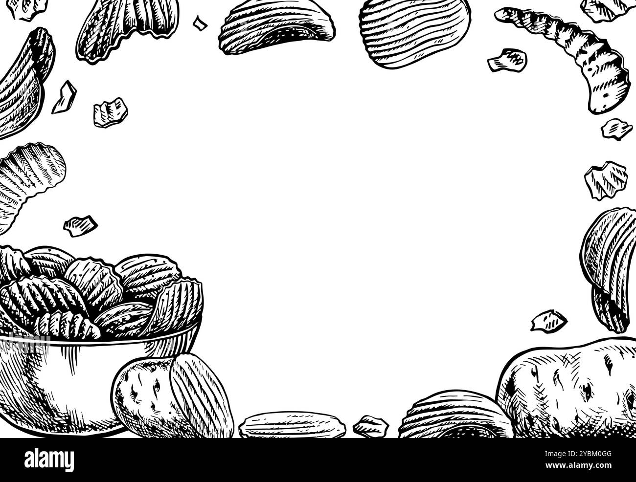 A frame with potato chips. Vector graphics with images of potatoes and ...