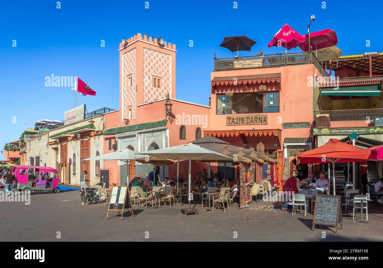 Marrakesh, Morocco - February 18 2024: People at restaurants and cafes ...