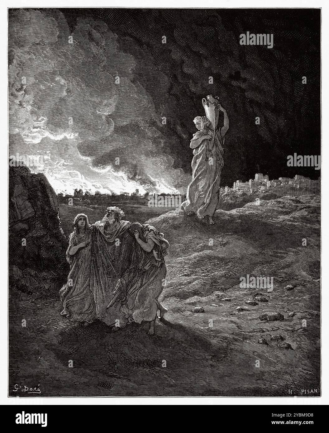 Lot and his family fleeing from burning Sodom and Gomorrah. Old ...