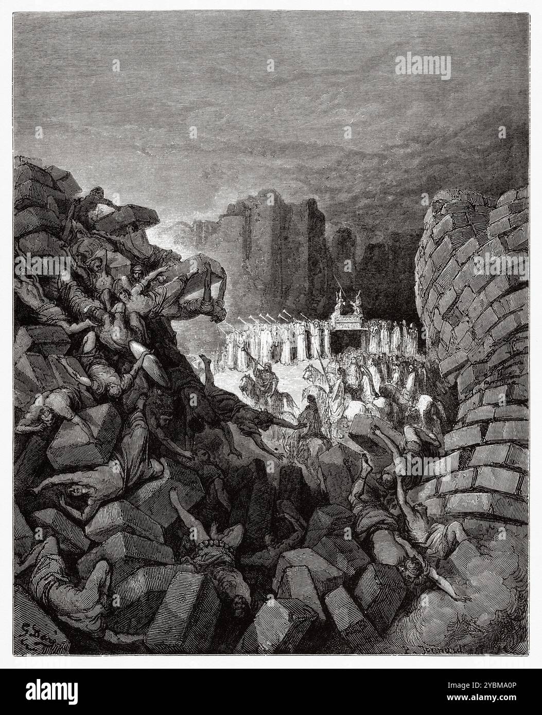 The walls of Jericho falling down. Old Testament. Antique bible ...