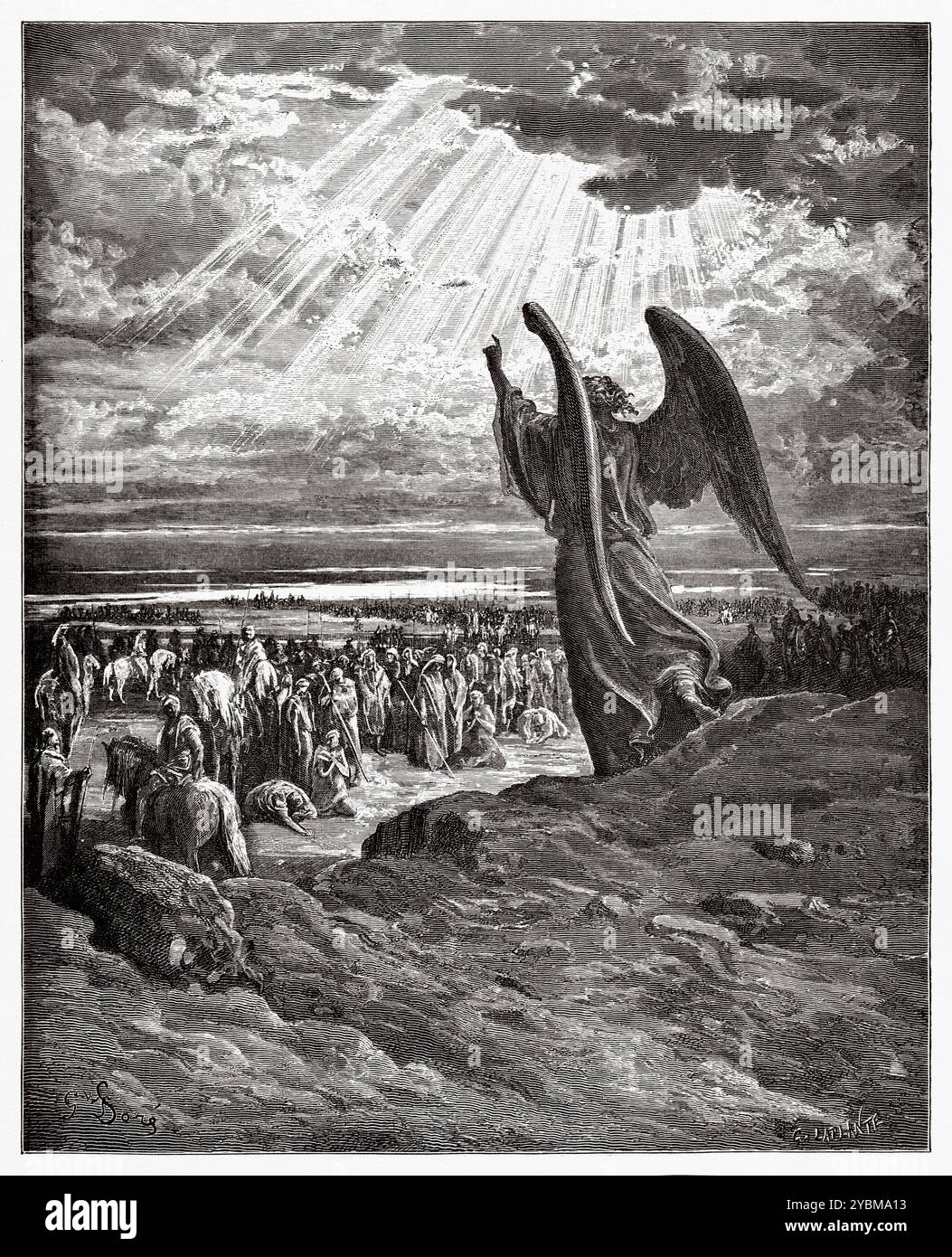 An angel appears to Joshua's army. Old Testament. Antique bible ...