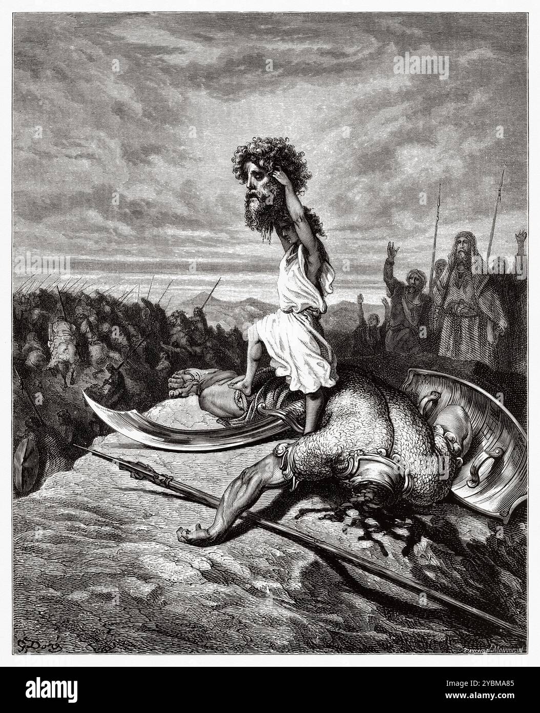 David slays Goliath. David shows the severed head of Goliath. Old ...