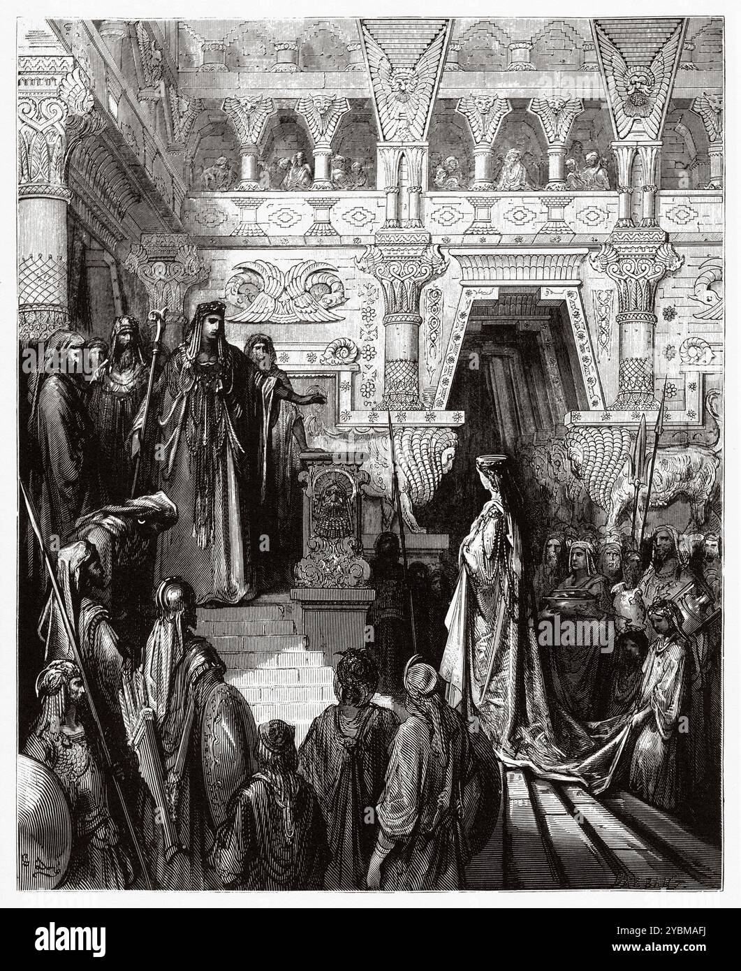 Solomon receiving the Queen of Sheba. Old Testament. Antique bible ...