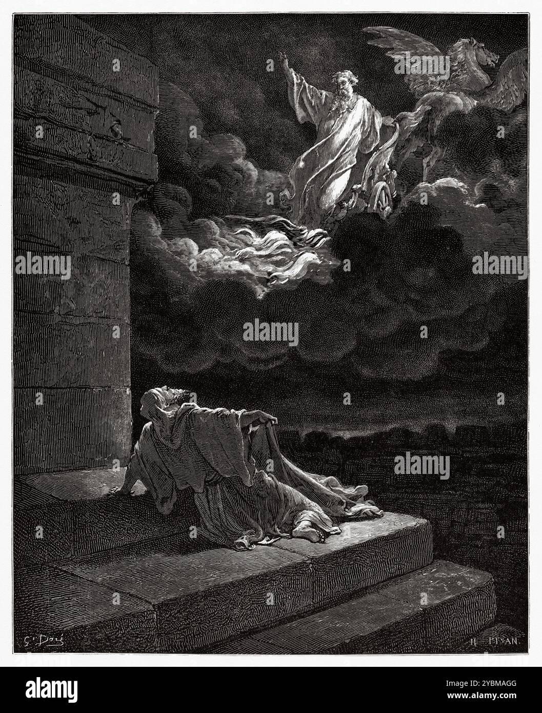 Elijah ascending into heaven in a chariot of fire. Old Testament ...