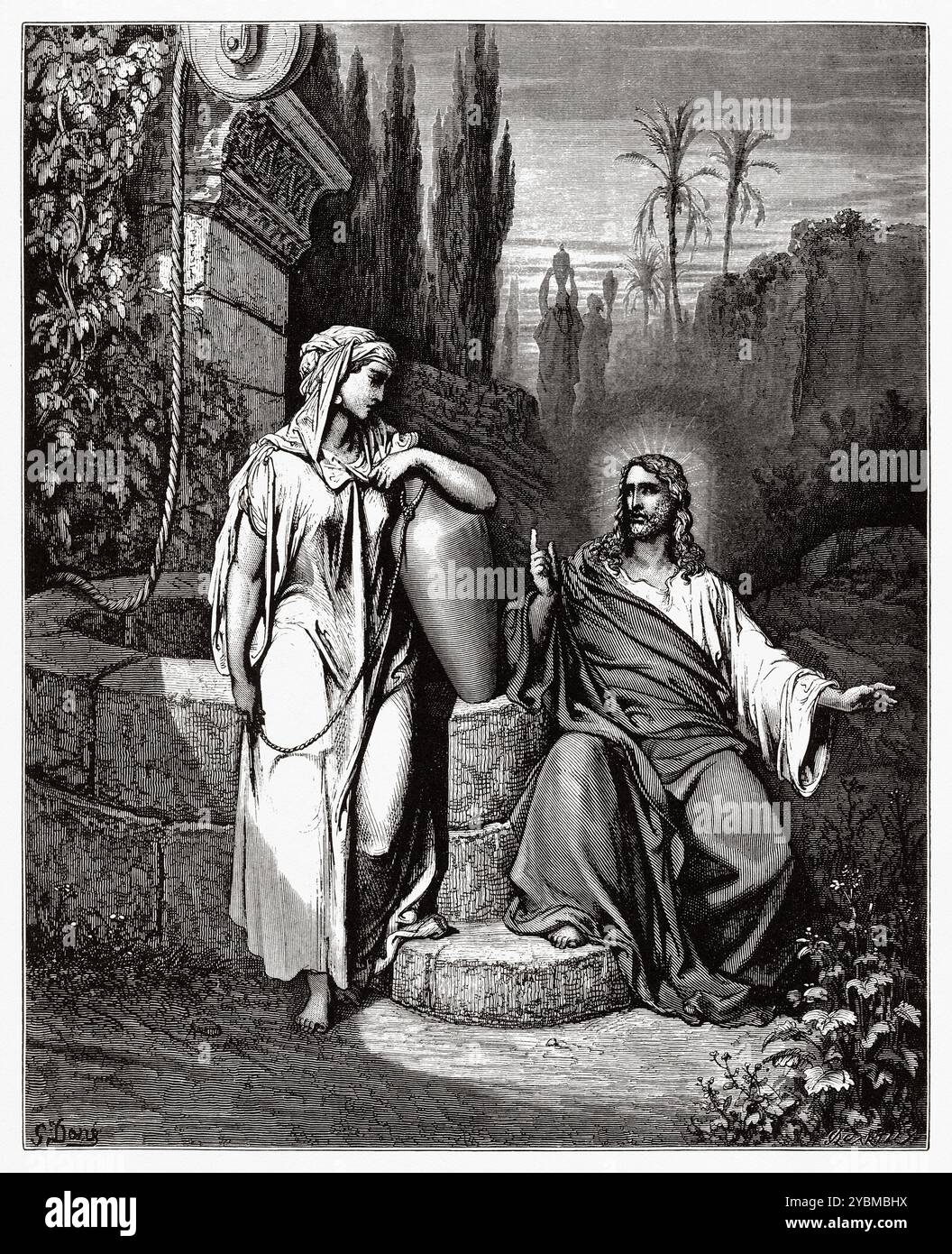Jesus and the Samaritan woman. New Testament. Antique bible ...