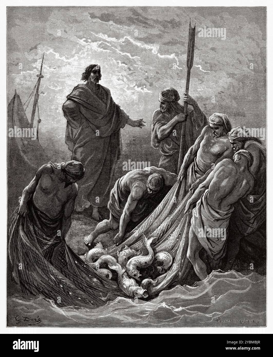 The miraculous catch of fish. New Testament. Antique bible illustration ...