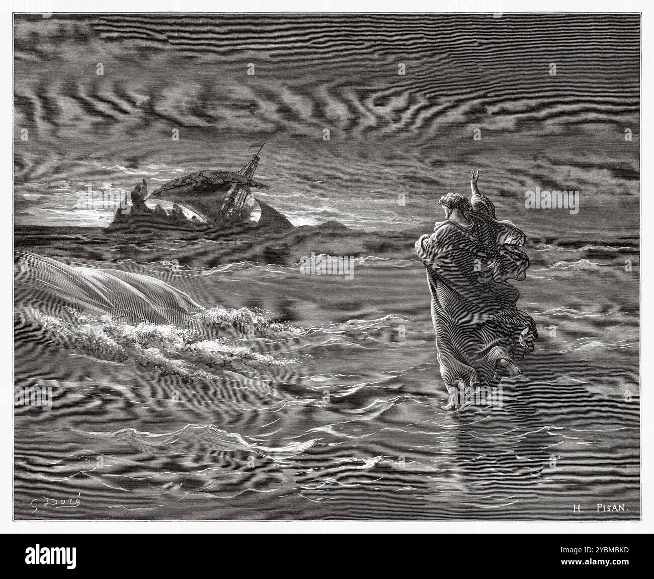 Jesus walks on water (Mark 6:45–56) New Testament. Antique bible ...