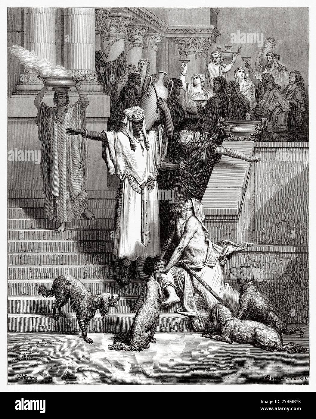 The parable of the rich man and Lazarus. Lazarus begs at the gate of ...